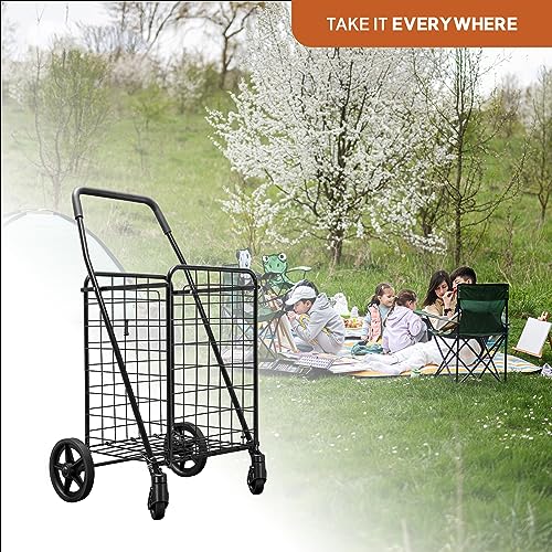 Folding Shopping Cart with 360-Degree Wheels Black (Single Basket)