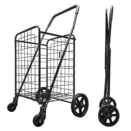 Folding Shopping Cart with 360-Degree Wheels Black (Single Basket)