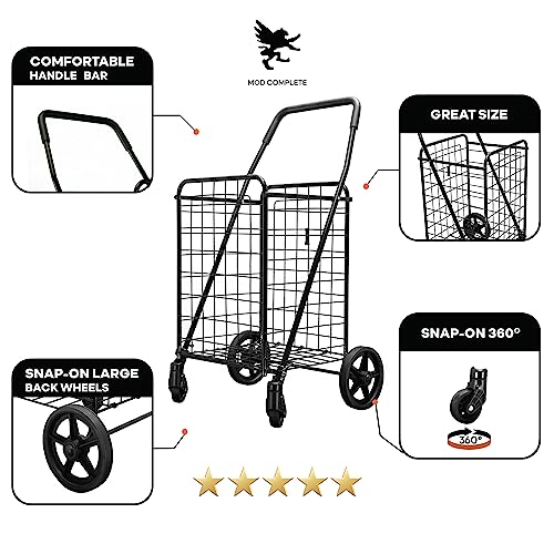 Folding Shopping Cart with 360-Degree Wheels Black (Single Basket)