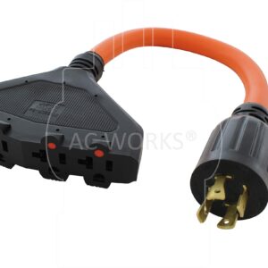 AC WORKS L14-20P 20Amp 4-Prong Generator Locking Plug to (4) NEMA 5-15/20R Household Connector (Orange-1.5FT)