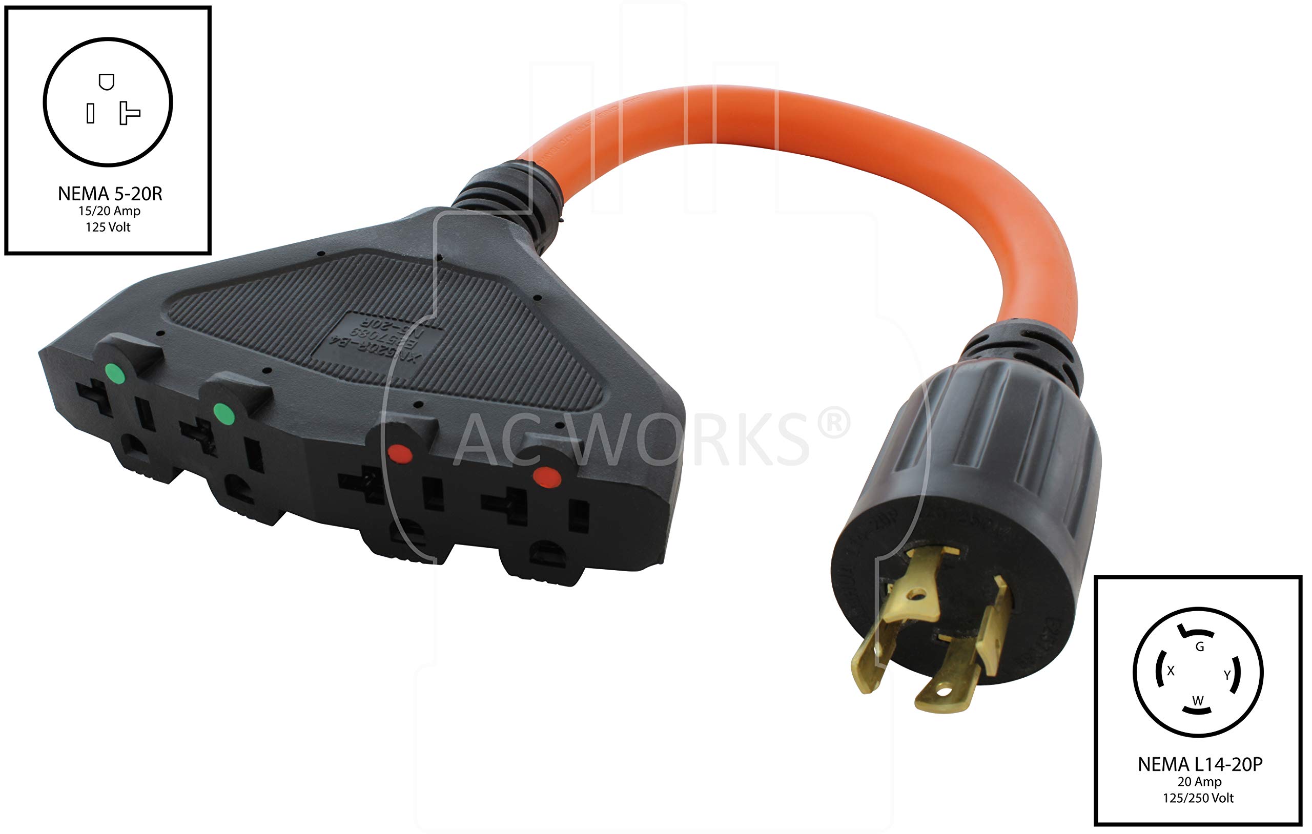 AC WORKS L14-20P 20Amp 4-Prong Generator Locking Plug to (4) NEMA 5-15/20R Household Connector (Orange-1.5FT)