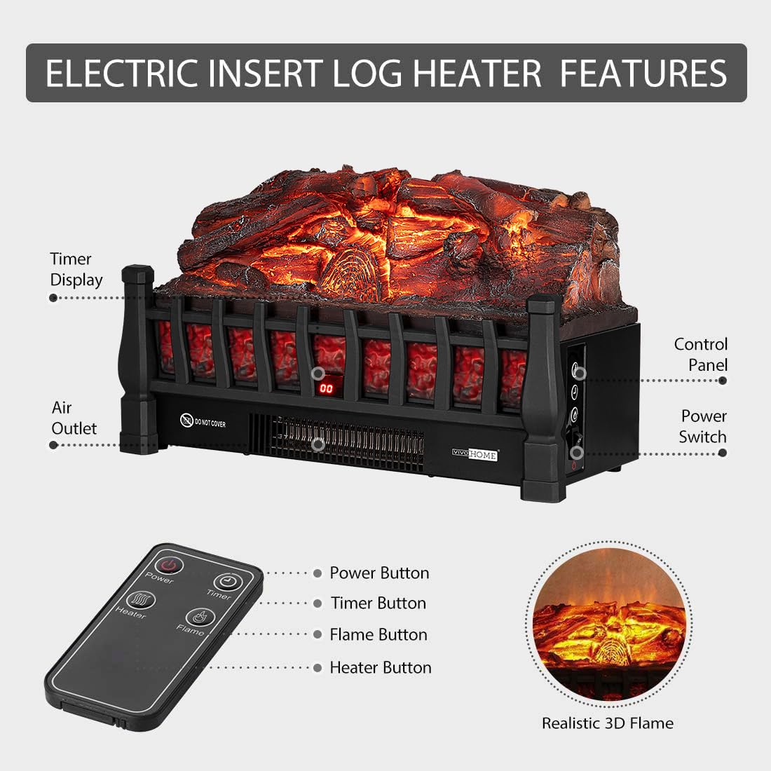 VIVOHOME 110V Electric Fireplace Insert Log Quartz Realistic Ember Bed Fan Heater with Infrared Remote Controller Black