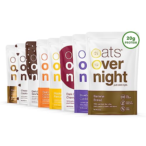 Oats Overnight - Vegan Variety Pack High Protein, High Fiber Breakfast Shake - Gluten Free, Non GMO Oatmeal Banana Bread, Blueberry Cobbler & More (8 Pack)