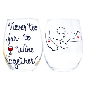 never too far to wine together quote - personalized long distance wine glass with states and countries, friendship gift, custom personalized long distance friendship gift