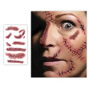 Realistic Halloween Makeup Tattoos, Fake Stitches Tattoos Face Wound Scars Tatoos For Kids Women Men Boys Girls Zombie Makeup Sticker Red