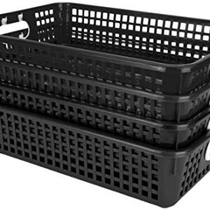 Really Good Stuff - 666019 Plastic Desktop Paper Storage Baskets for Classroom or Home Use – 14”x10” Plastic Mesh Baskets Keep Papers Crease-Free and Secure – Black Baskets with White Handles (Set of 4)