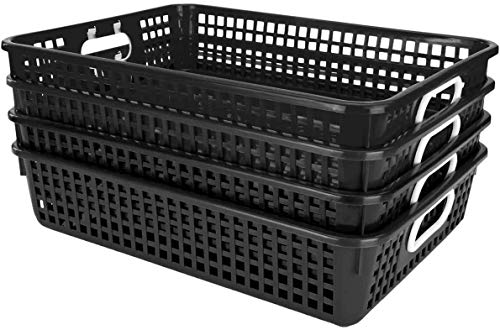 Really Good Stuff - 666019 Plastic Desktop Paper Storage Baskets for Classroom or Home Use – 14”x10” Plastic Mesh Baskets Keep Papers Crease-Free and Secure – Black Baskets with White Handles (Set of 4)