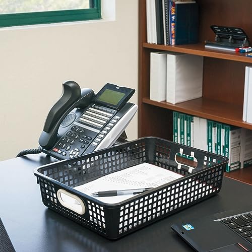 Really Good Stuff - 666019 Plastic Desktop Paper Storage Baskets for Classroom or Home Use – 14”x10” Plastic Mesh Baskets Keep Papers Crease-Free and Secure – Black Baskets with White Handles (Set of 4)