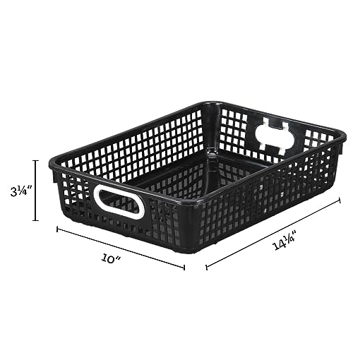 Really Good Stuff - 666019 Plastic Desktop Paper Storage Baskets for Classroom or Home Use – 14”x10” Plastic Mesh Baskets Keep Papers Crease-Free and Secure – Black Baskets with White Handles (Set of 4)