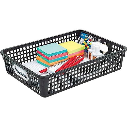 Really Good Stuff - 666019 Plastic Desktop Paper Storage Baskets for Classroom or Home Use – 14”x10” Plastic Mesh Baskets Keep Papers Crease-Free and Secure – Black Baskets with White Handles (Set of 4)