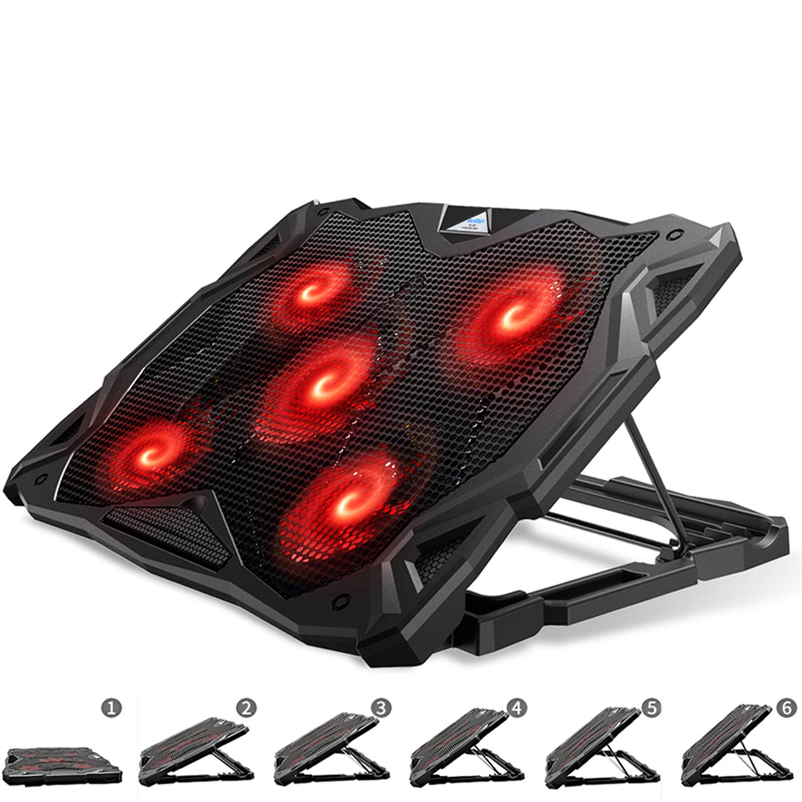 Pccooler Laptop Cooling Pad, Laptop Cooler with 5 Quiet Red LED Fans for 12-17.3 Inch Laptop, Dual USB 2.0 Ports, Portable 6 Angle Adjustable Laptop Stand for Gaming Laptop