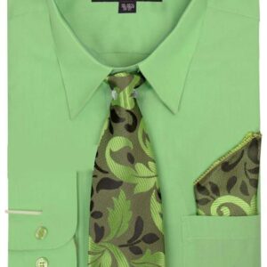 Viviz Forancci Men's Long Sleeve Pointed Collar Dress Shirt with Matching Tie and Handkie AC101, Applegreen, 18"-18.5" Neck 34"-35" Sleeve