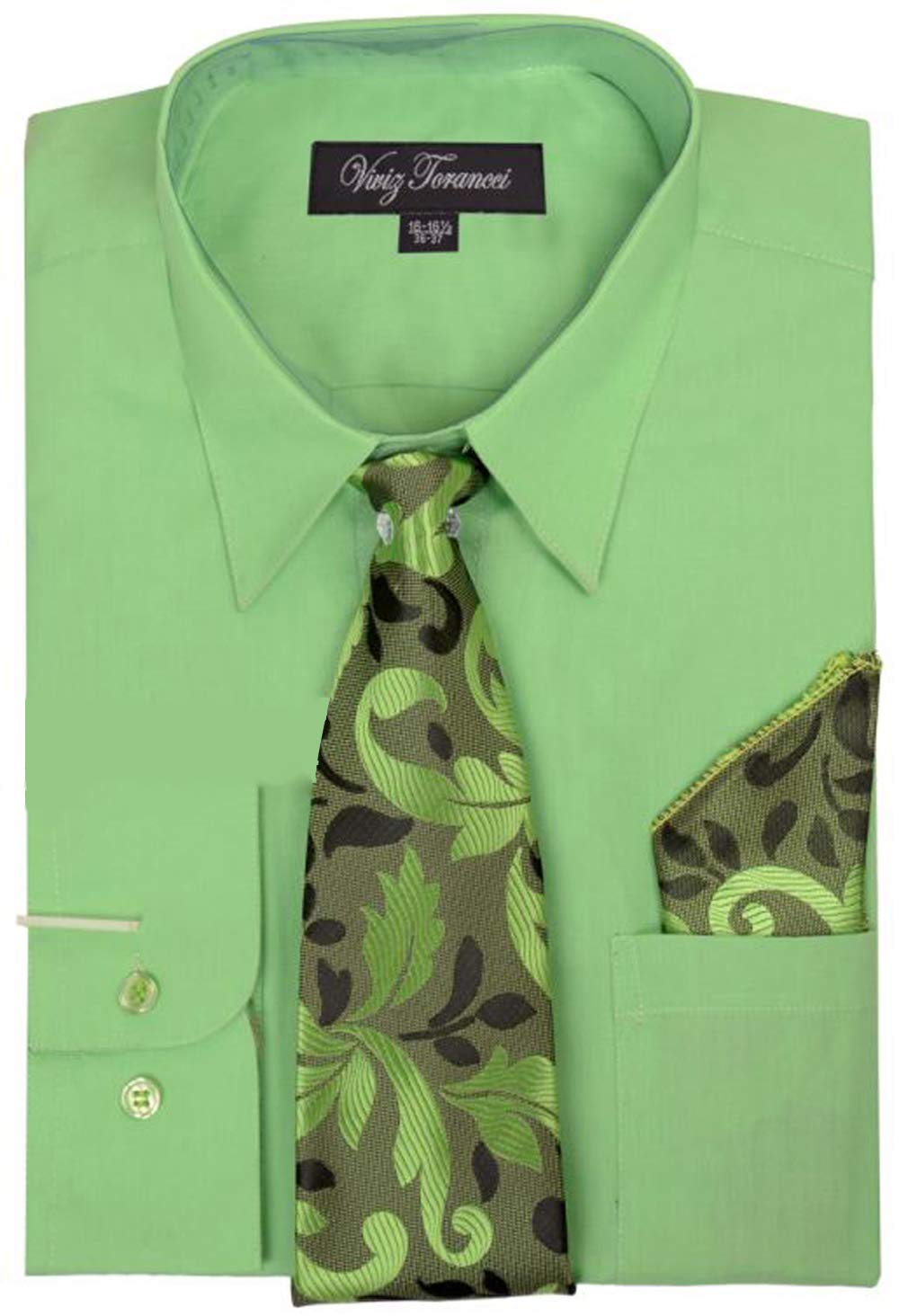 Viviz Forancci Men's Long Sleeve Pointed Collar Dress Shirt with Matching Tie and Handkie AC101, Applegreen, 18"-18.5" Neck 34"-35" Sleeve