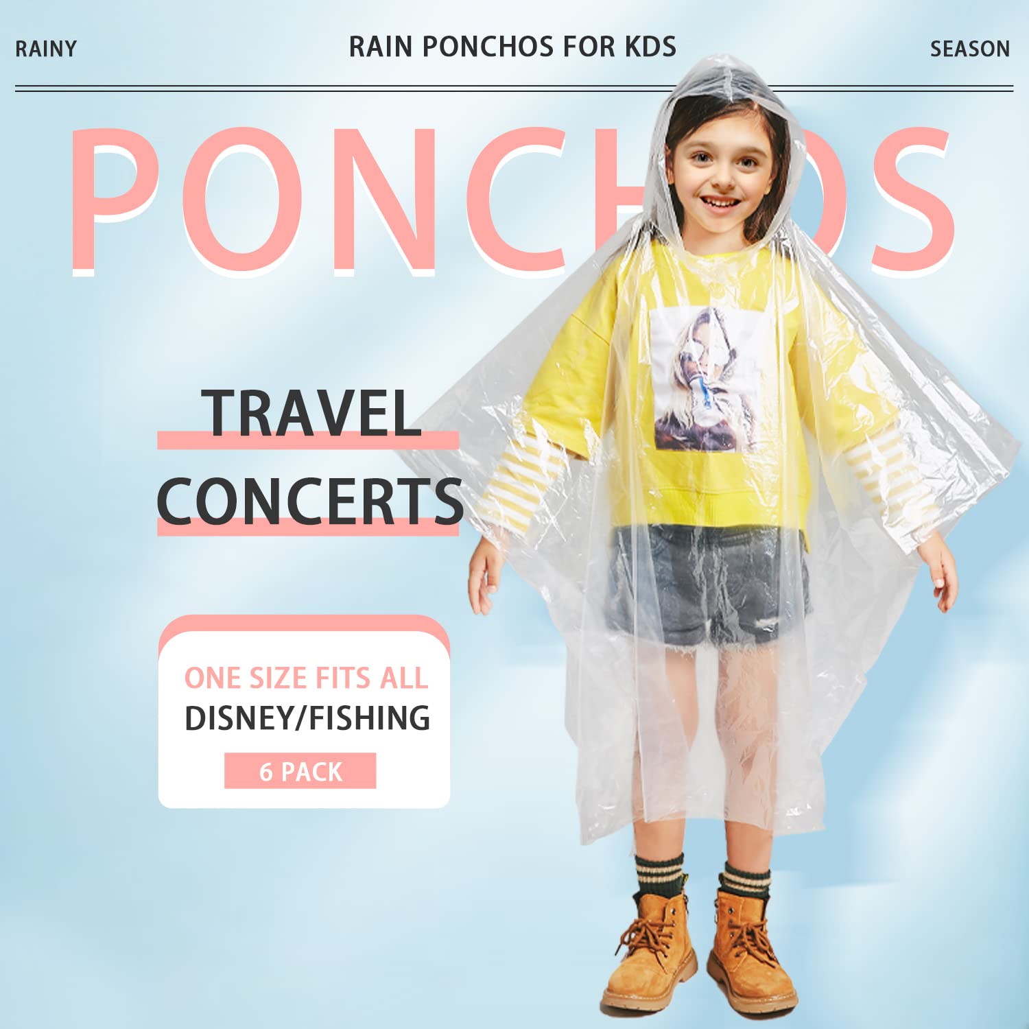 TUNCHMO Disposable Rain Ponchos for Kids (6 Pack) 50% Thicker Emergency Ponchos-Clear