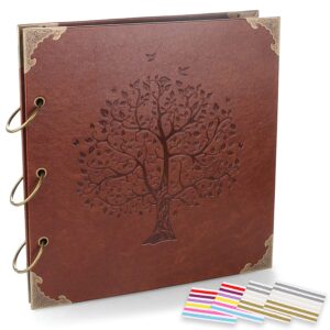 advcer photo album diy scrapbook (10x10 inch 50 pages double sided), vintage leather cover three-ring binder family picture booth with 9 color 408pcs self adhesive photos corners for memory keep, tree