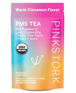 pink stork organic pms tea for hormone balance, mood swings, bloating, and period regularity - 8 herbs - vitex, red raspberry leaf, chamomile - caffeine-free - 15 sachets, warm cinnamon