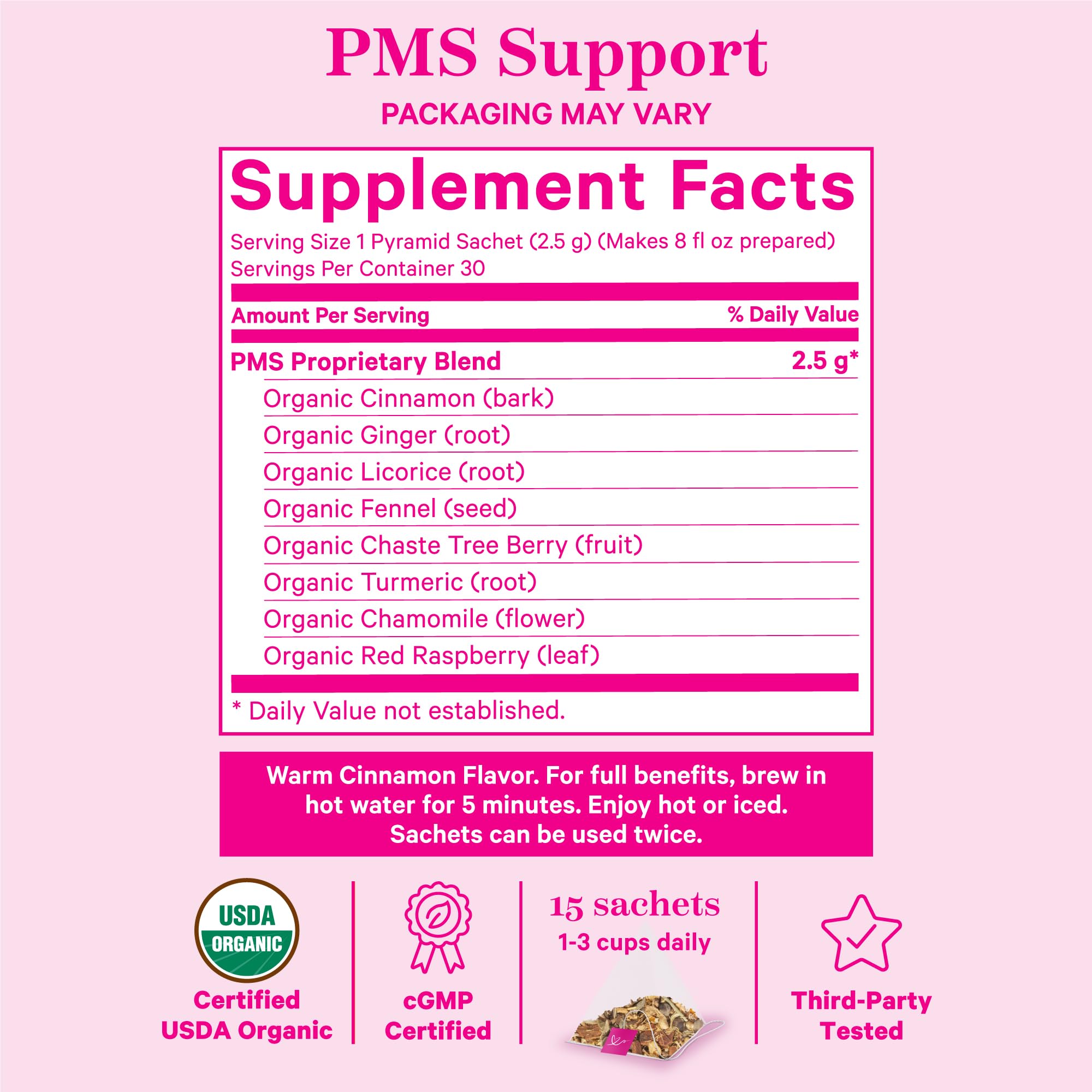 Pink Stork Organic PMS Tea for Hormone Balance, Mood Swings, Bloating, and Period Regularity - 8 Herbs - Vitex, Red Raspberry Leaf, Chamomile - Caffeine-Free - 15 Sachets, Warm Cinnamon