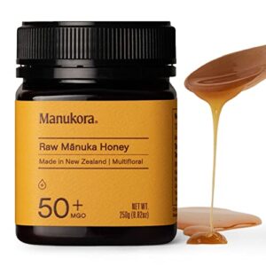 manukora raw manuka honey, mgo 50+, new zealand honey, non-gmo, traceable from hive to hand, daily wellness support - 250g (8.82 oz)