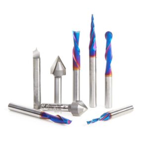 amana tool ams-177-k 8-pc cnc router bit collection featuring v-grooves point roundover and multi-purpose spektra bits 1/4 shank in wooden box