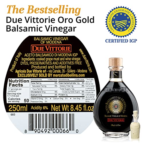 Due Vittorie Oro Gold, Barrel Aged Balsamic Vinegar of Modena IGP With Cork Pourer, All-Natural, Extra Dense Premium Vinegar Aceto Balsamico di Modena IGP Italy - 8.45fl oz / 250ml - Pack of 2