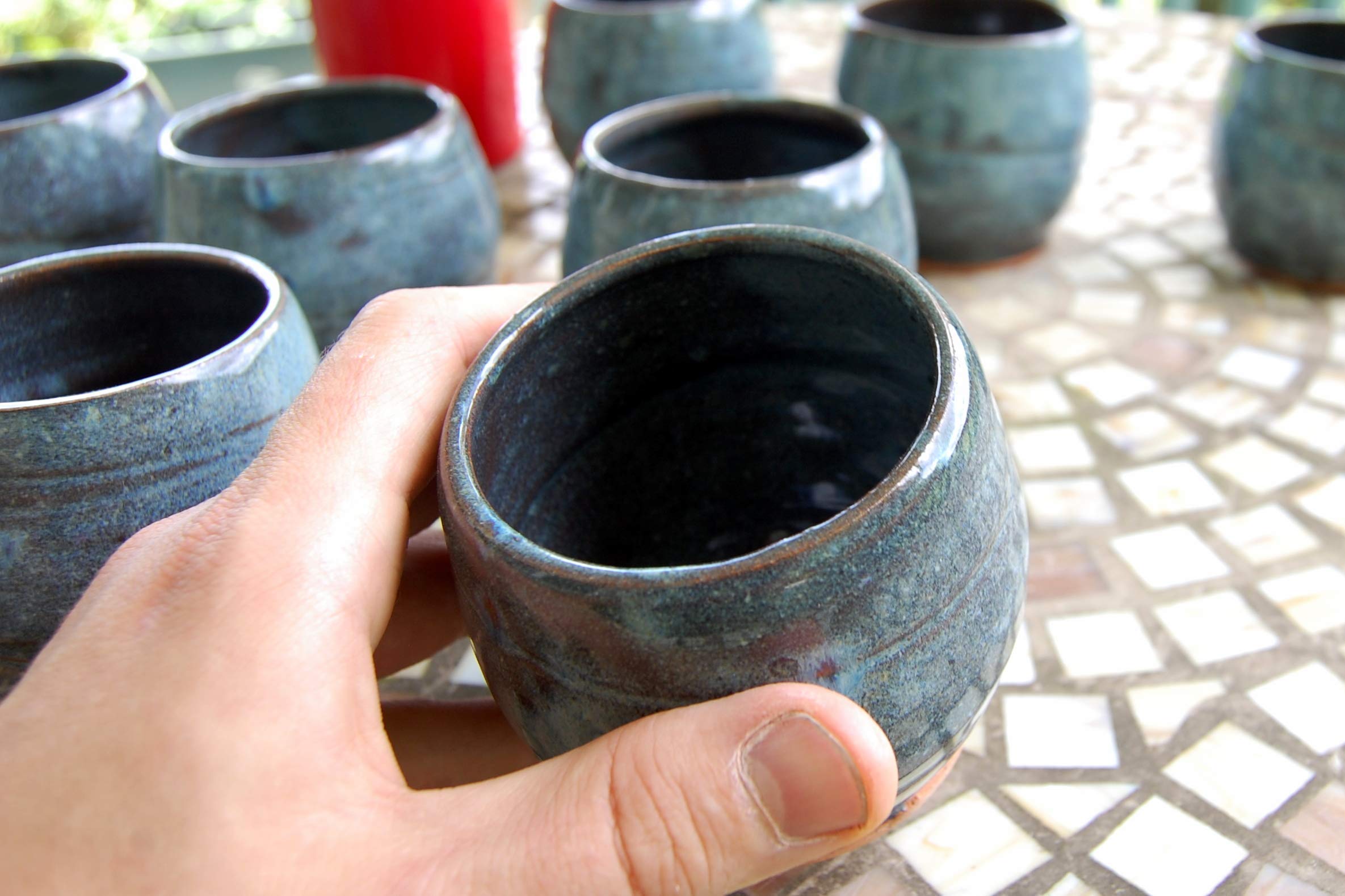 Hand Thrown Pottery Stemless Wine Glass in Slate Blue Handmade in North Carolina