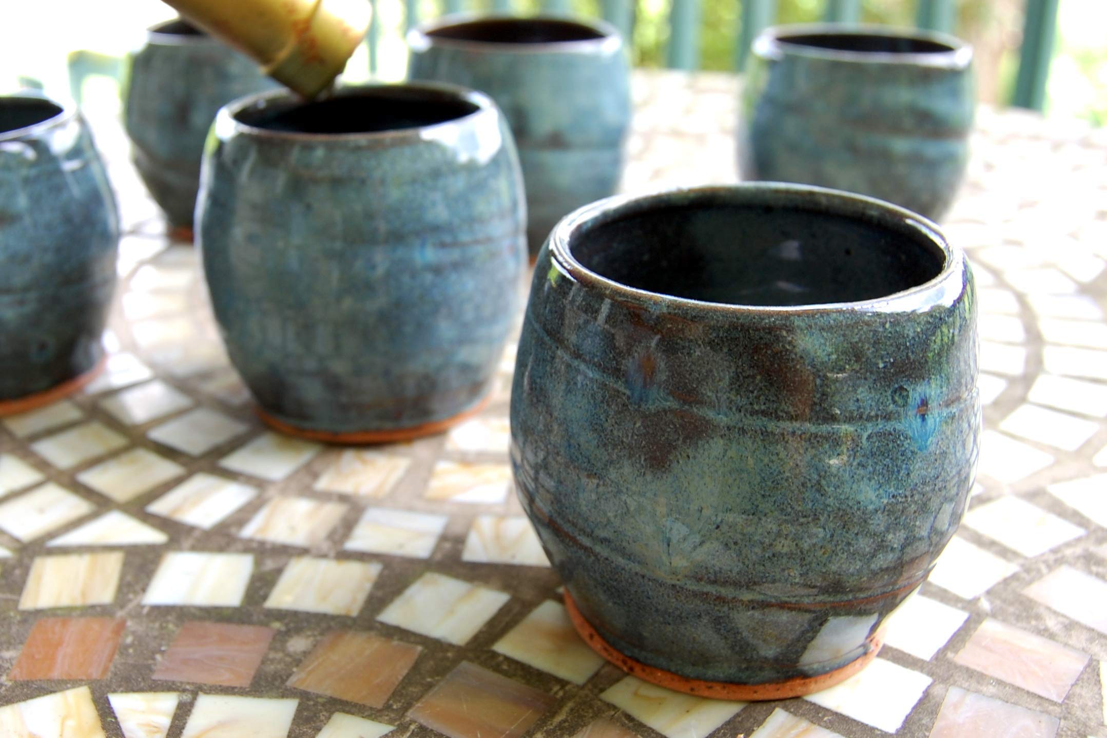 Hand Thrown Pottery Stemless Wine Glass in Slate Blue Handmade in North Carolina