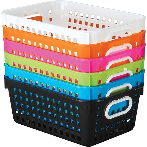 Really Good Stuff - 164316 Plastic Storage Baskets for Classroom or Home Use – Stackable Mesh Plastic Baskets with Grip Handles – Bright Neon Colors – 11" x 7.5" (Set of 6)