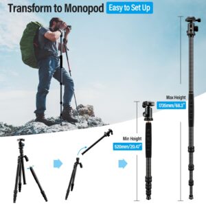 SIRUI Traveler 7C Camera Tripod 65.55 inches Carbon Fiber Arca Tripod with E-10 360° Panorama Ball Head and Arca Swiss Quick Release Plate Load Capacity Up to 17.6lbs, Convertible to Monopod