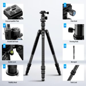 SIRUI Traveler 7C Camera Tripod 65.55 inches Carbon Fiber Arca Tripod with E-10 360° Panorama Ball Head and Arca Swiss Quick Release Plate Load Capacity Up to 17.6lbs, Convertible to Monopod