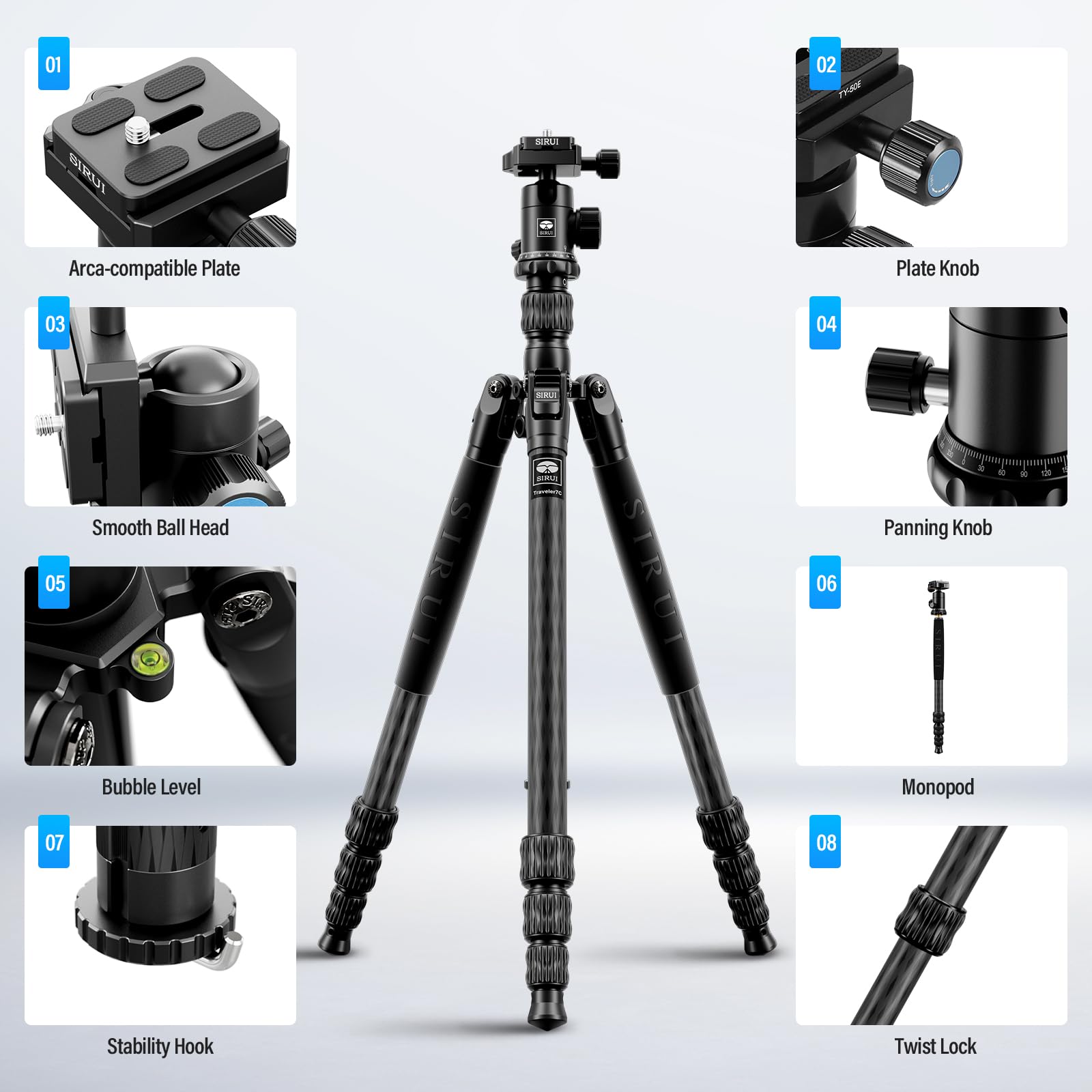 SIRUI Traveler 7C Camera Tripod 65.55 inches Carbon Fiber Arca Tripod with E-10 360° Panorama Ball Head and Arca Swiss Quick Release Plate Load Capacity Up to 17.6lbs, Convertible to Monopod