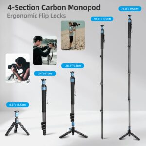 SIRUI P-424FL Monopod for Cameras, 75" Carbon Fiber Monopod with Feet, Portable Lightweight Monopod, Max Load 26lbs/12kg, 4 Sections, 360° Panorama, Modular 3 in 1, Quick Release Plate