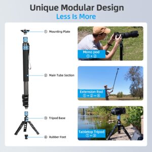 SIRUI P-424FL Monopod for Cameras, 75" Carbon Fiber Monopod with Feet, Portable Lightweight Monopod, Max Load 26lbs/12kg, 4 Sections, 360° Panorama, Modular 3 in 1, Quick Release Plate