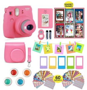 fujifilm instax mini 9 instant camera with accessories | bundle of soft leather case + mini photo album + 6 christmas magnet frames + 4 colored lenses + selfie lens + 10 photo frames + stickers + more