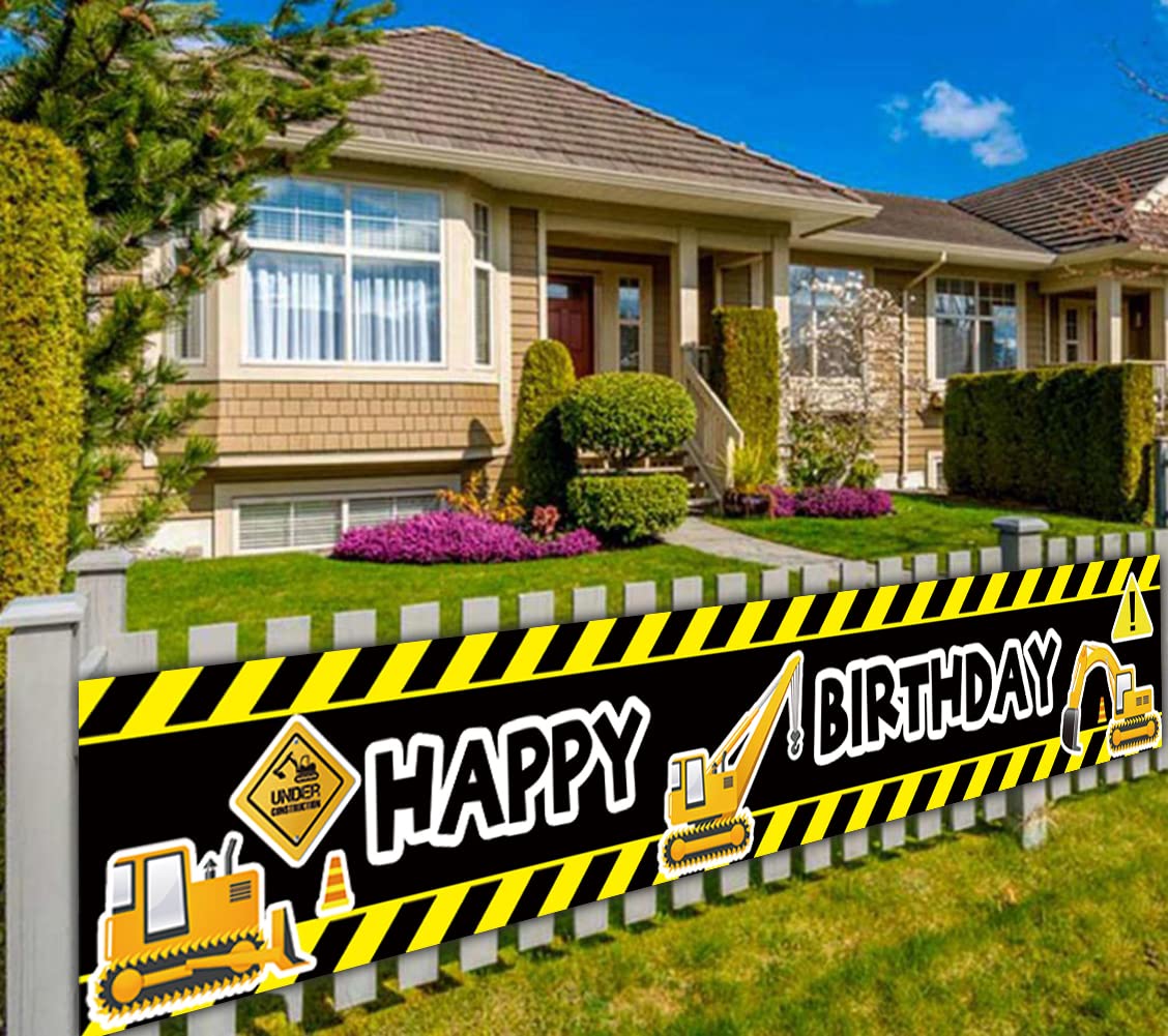 Large Construction Vehicle Happy Birthday Banner Baby Boy Toddler Kids Construction Theme Birthday Party Decoration Supplies Construction Bday party Backdrop Background Outdoor Indoor (9.8 x 1.6 feet)