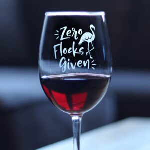 Zero Flocks Given – Cute Funny Flamingo Wine Glass, Large 16.5 Ounce, Etched Sayings, Gift Box