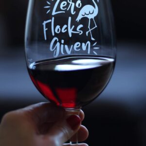 Zero Flocks Given – Cute Funny Flamingo Wine Glass, Large 16.5 Ounce, Etched Sayings, Gift Box