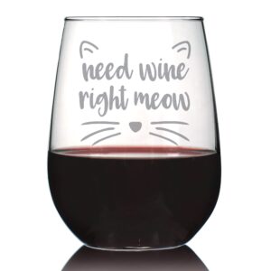 Need Wine Right Meow – Cute Funny Cat Stemless Wine Glass, Large 17 Ounces, Etched Sayings, Gift Box