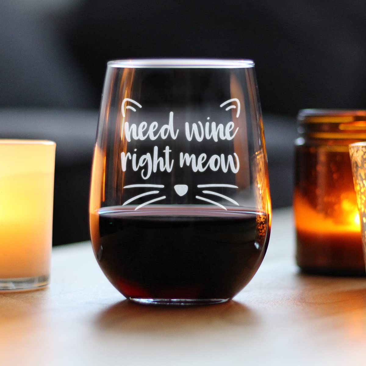 Need Wine Right Meow – Cute Funny Cat Stemless Wine Glass, Large 17 Ounces, Etched Sayings, Gift Box