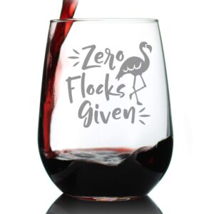 zero flocks given – cute funny flamingo stemless wine glass, large 17 ounce, etched sayings, gift box