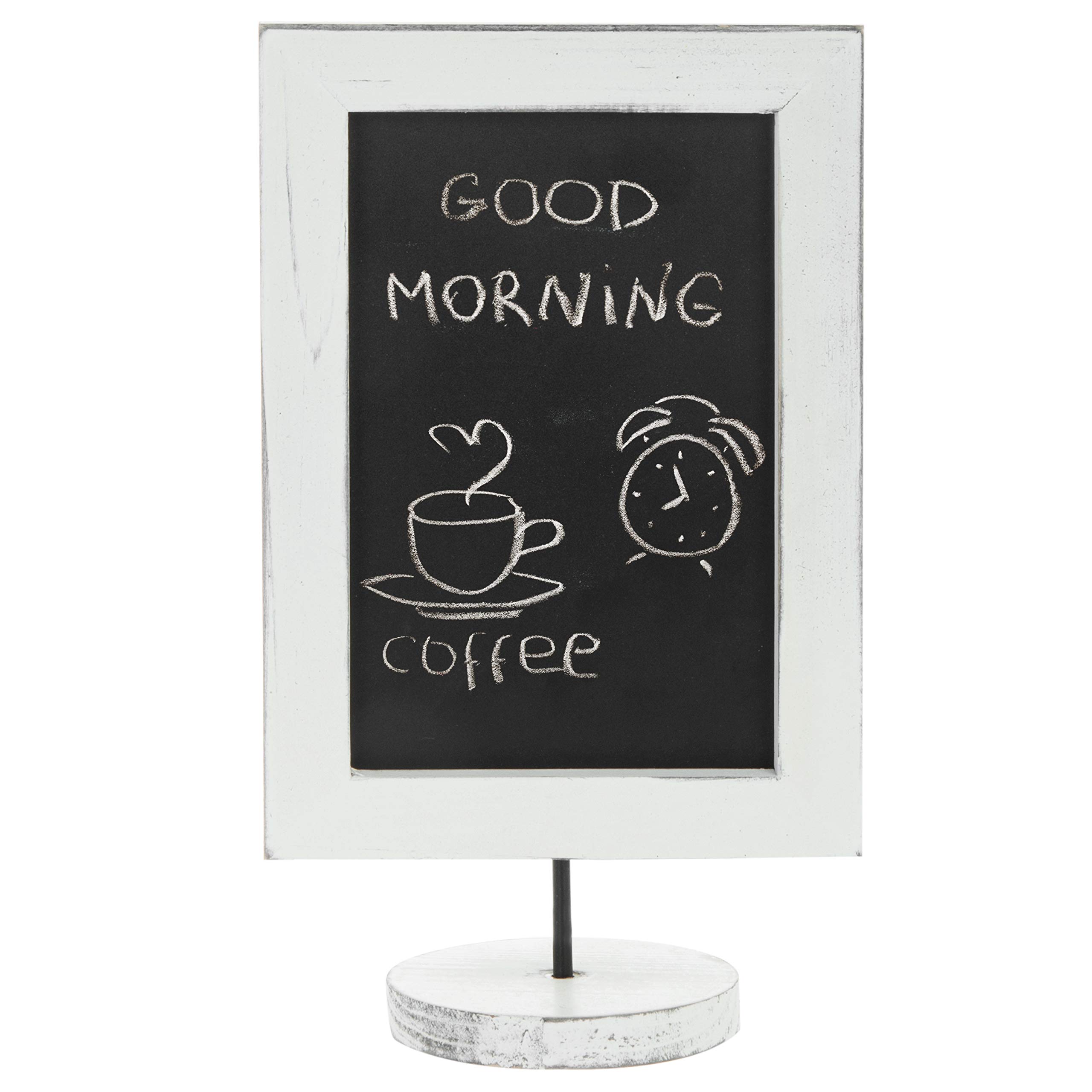 MyGift 12-Inch Vintage White Wood Chalkboard Sign Tabletop Wooden Framed Small Chalkboard with Round Pedestal Stand, Display Vertical or Horizontal