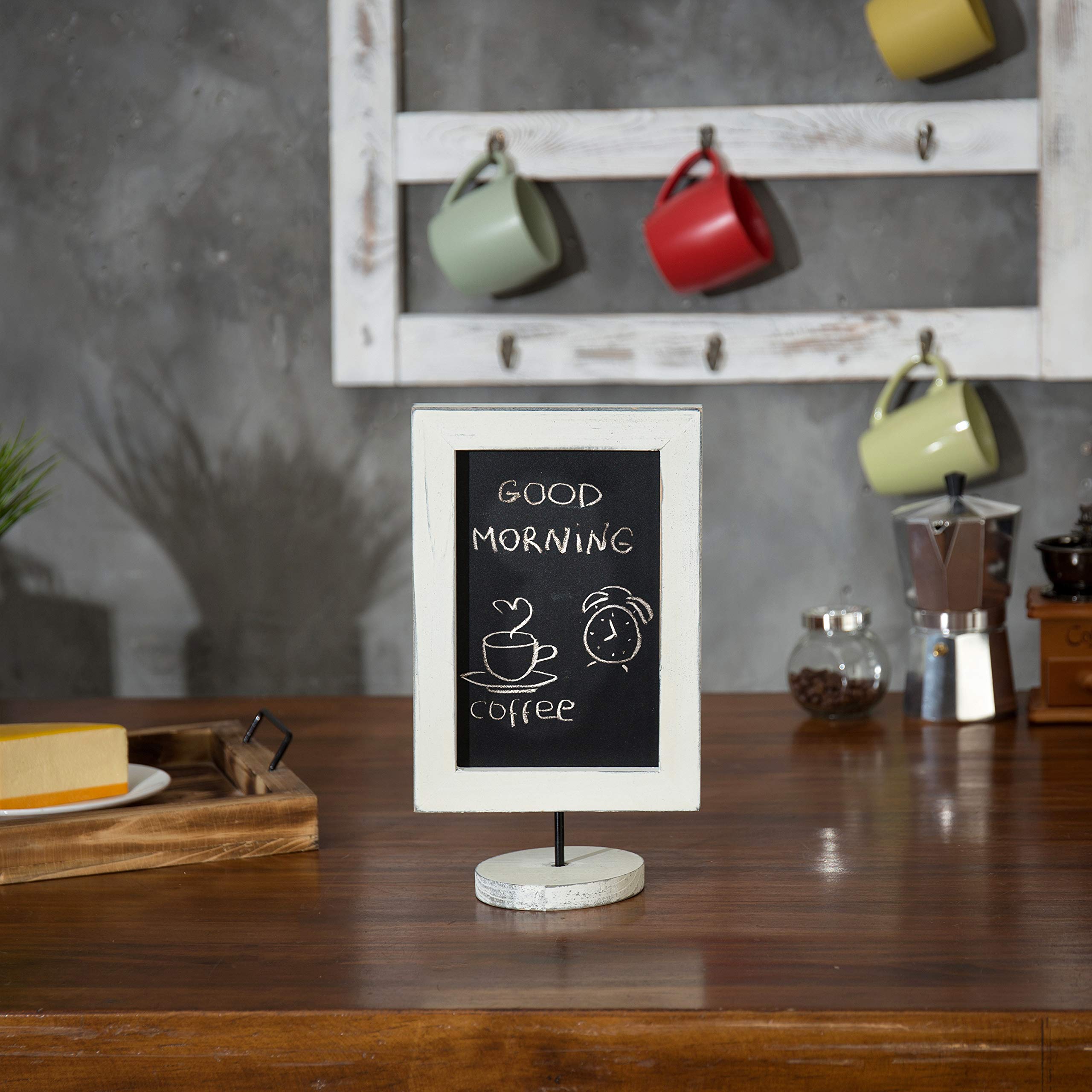 MyGift 12-Inch Vintage White Wood Chalkboard Sign Tabletop Wooden Framed Small Chalkboard with Round Pedestal Stand, Display Vertical or Horizontal