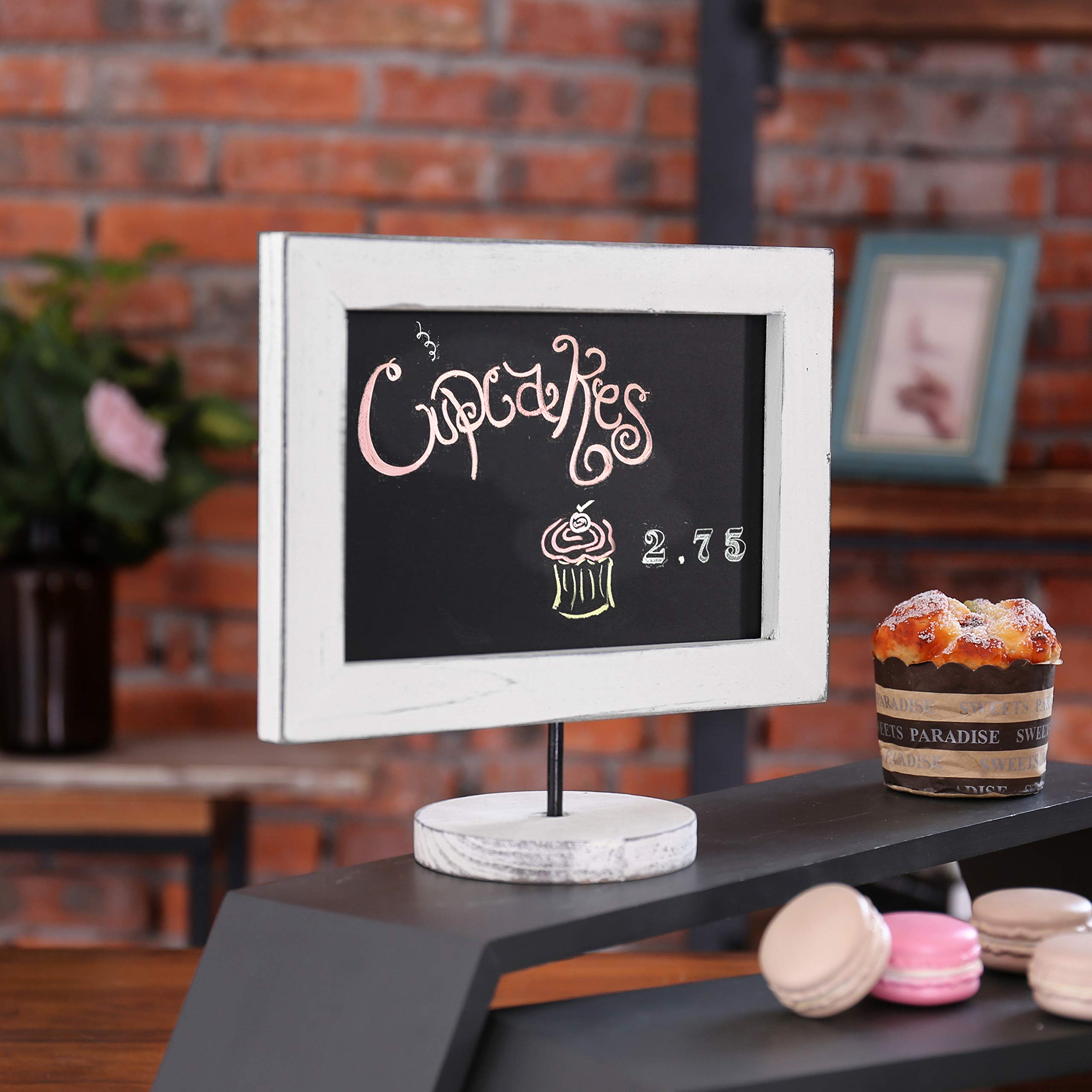 MyGift 12-Inch Vintage White Wood Chalkboard Sign Tabletop Wooden Framed Small Chalkboard with Round Pedestal Stand, Display Vertical or Horizontal