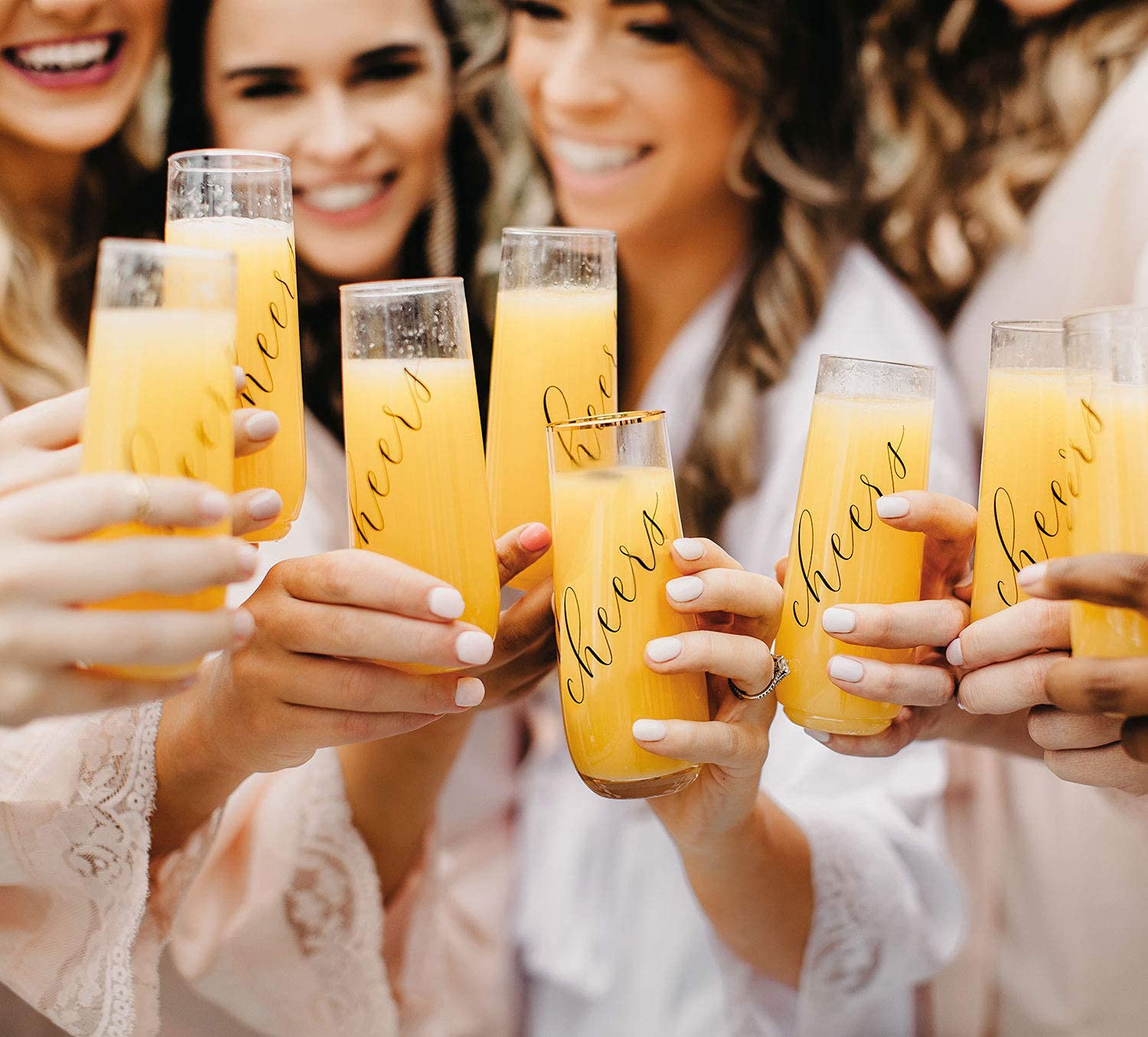 ModParty Cheers Flutes | Set of 12 | Wedding Reception, Bachelorette Party, Bridal Brunch Plastic Stemless Cups | Bridesmaid Keepsakes | Toasting Drink Shatterproof Glass