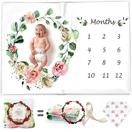 Baby Monthly Milestone Blanket for Girl & Boy - Floral Plush Fleece for Baby Photo – Baby Shower/Registry Gift – Baby Safe Soft Wrinkle Free - Swaddle and Throw - Bonus Wreath + Organic Cotton Bib