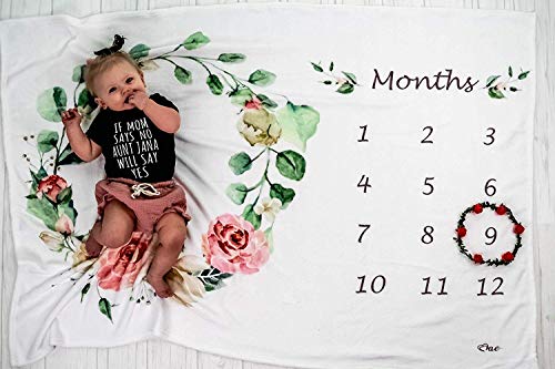 Baby Monthly Milestone Blanket for Girl & Boy - Floral Plush Fleece for Baby Photo – Baby Shower/Registry Gift – Baby Safe Soft Wrinkle Free - Swaddle and Throw - Bonus Wreath + Organic Cotton Bib