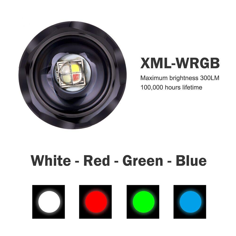 LUMENSHOOTER Upgraded Zoomable Red Flashlight, 4 Color in 1 Flash Light, Green Red Blue White Multi-Color RGBW Led with Memory for Night Vision, Fishing, Astronomy(Batteries Not Included)