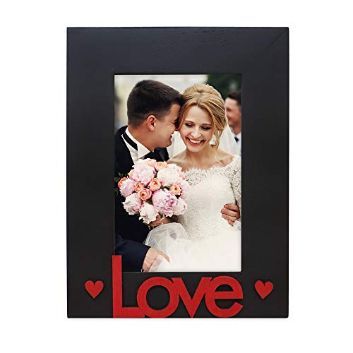 Isaac Jacobs Black & Red Wood Sentiments “Love” Picture Frame, 4x6 inch, Photo Gift for Loved Ones, Family, Display on Tabletop, Desk (Black/Red, 4x6)