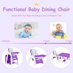 HONEY JOY 5 in 1 High Chair, Convertible Highchair for Babies and Toddlers/Table Chair Set/Booster Seat/Toddler Chair w/Safety Harness, Reclining Backrest, Double Food Tray (Purple)