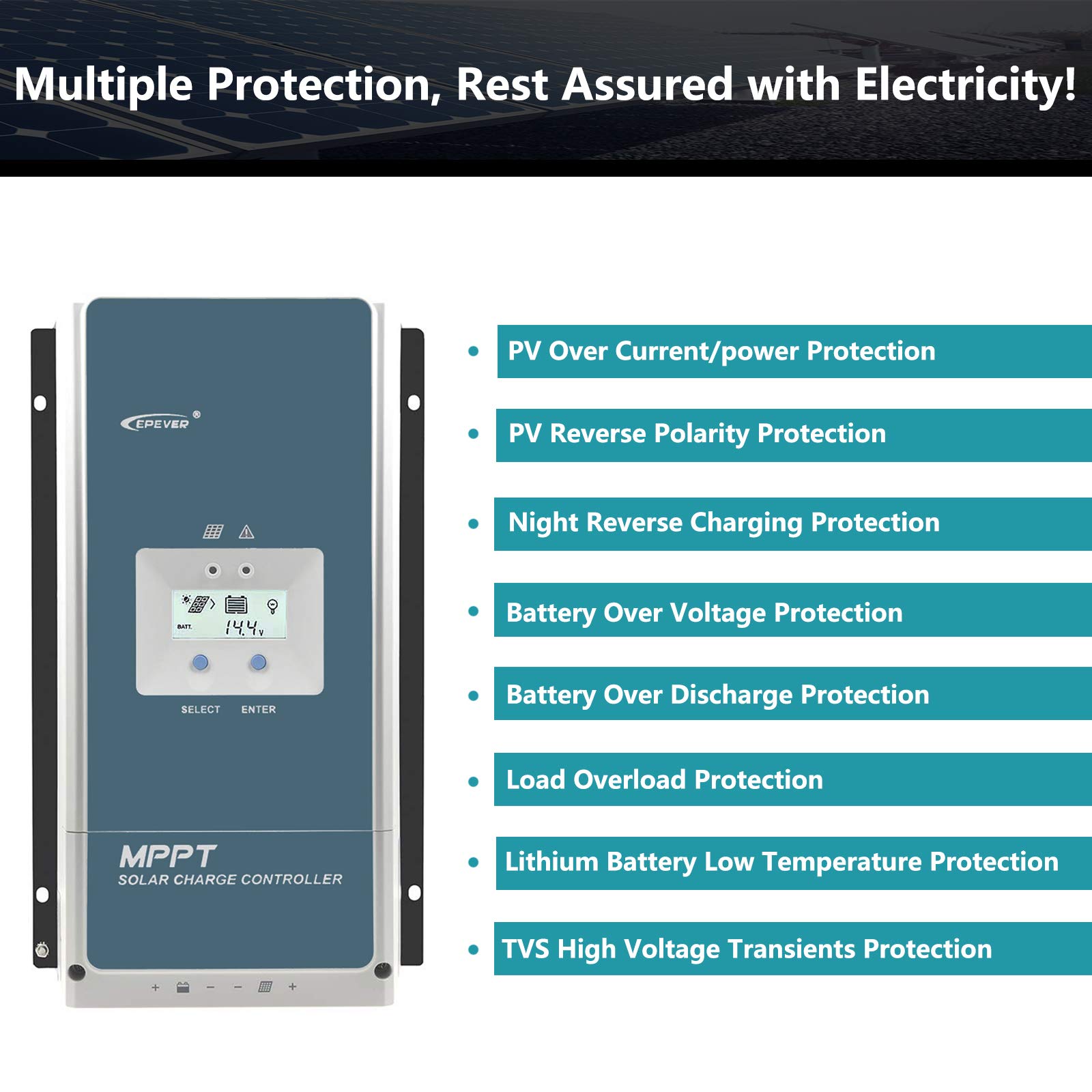 EPEVER 60A MPPT Charge Controller 48V 36V 24V 12V Auto, 60 amp Negative Ground Solar Controller MPPT Max 150V Input fit for Litium Sealed (AGM) Gel Flooded User Battery