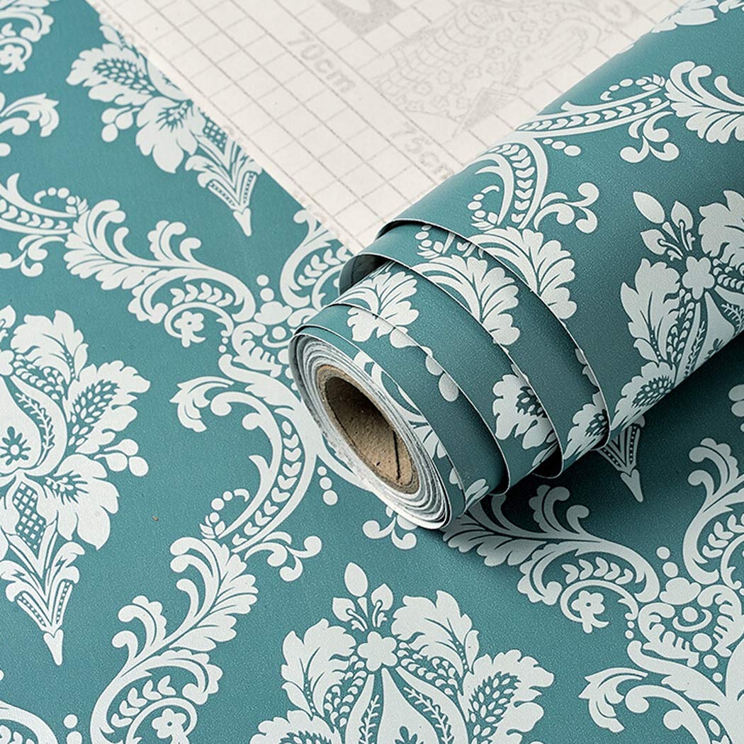 Blue Damask Contact Paper Self Adhesive Shelf Drawer Liner Peel and Stick Damask Wallpaper for Bathroom Living Room 17.7" x 196"